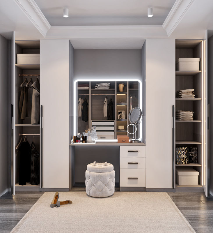 U-Shaped White Shaker Style Walk-In Wardrobe with Adjustable Shelves